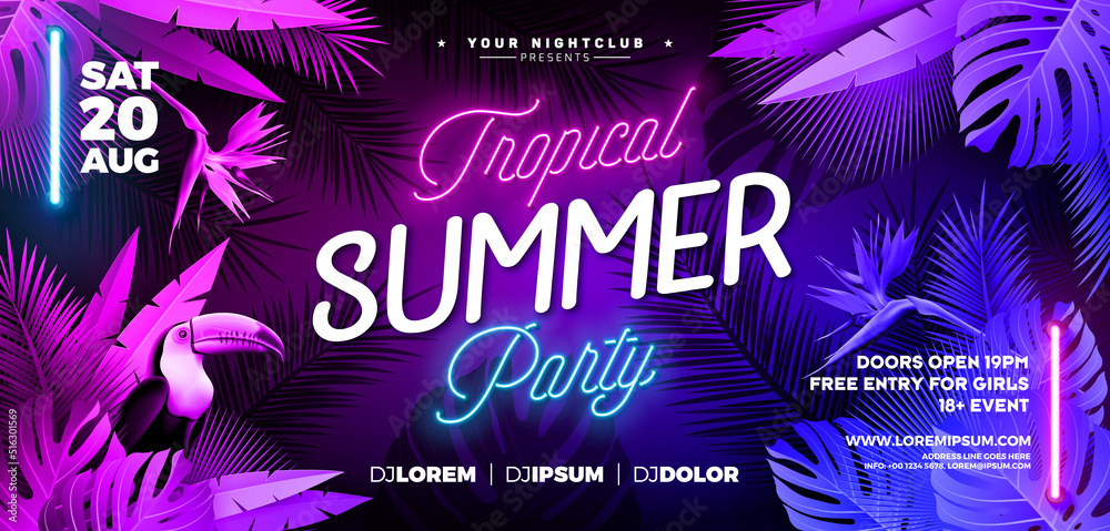 Summer Party Banner Design Template with Glowing Neon Light on ...