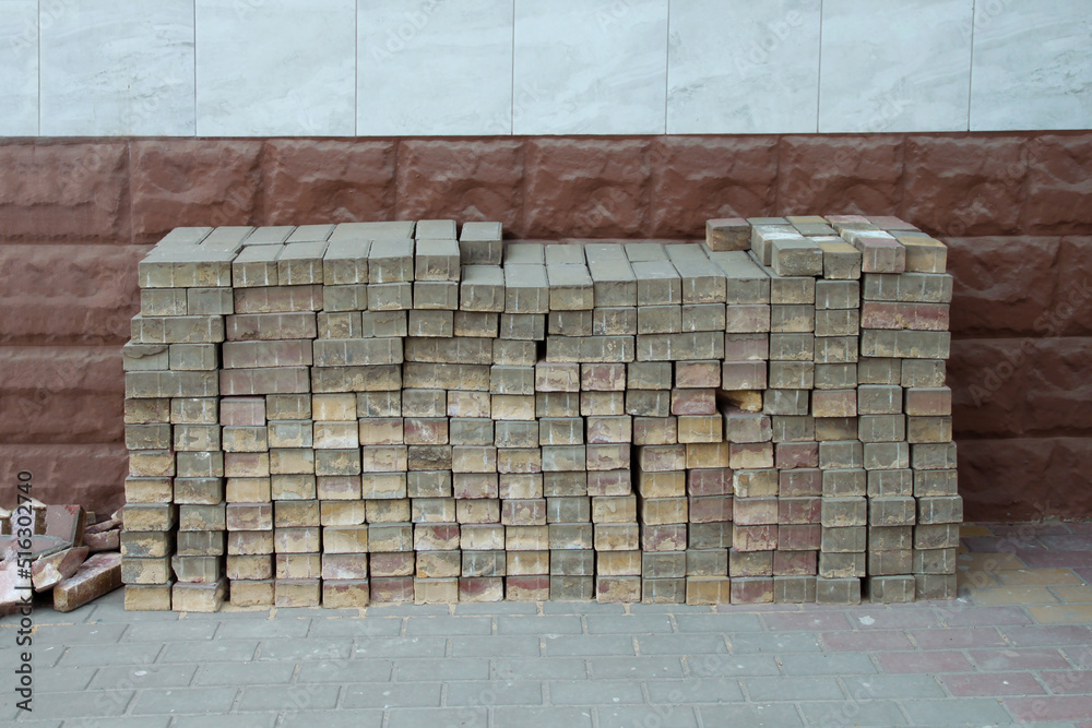 Pallets with bricks. Masonry. New bricks. Brick pallet. Brick ...