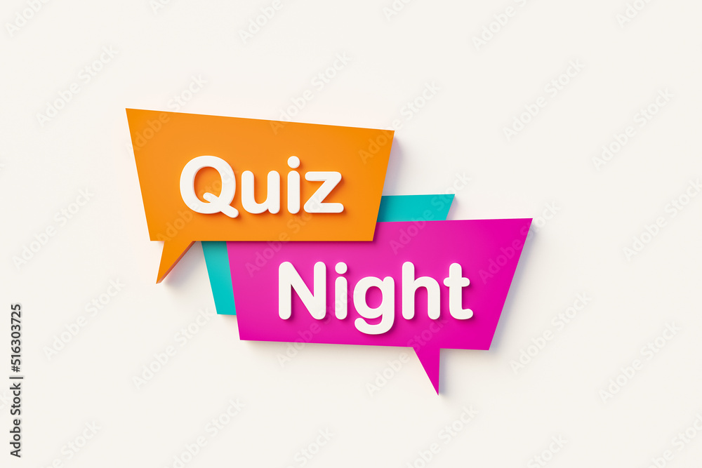 Quiz Night. Cartoon speech bubble in orange, blue, purple and white ...