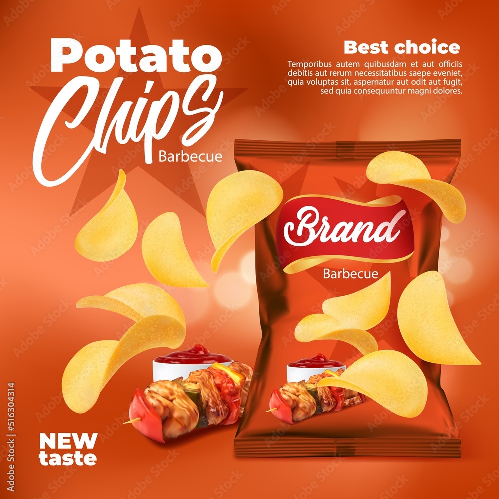 Realistic barbecue flavored potato chips snacks food package, vector ...