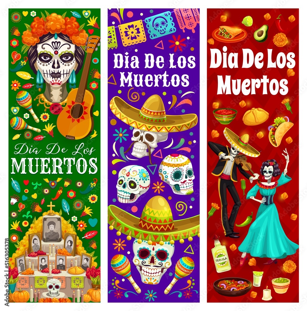 Mexican day of dead or Dia de los Muertos holiday personages and food ...