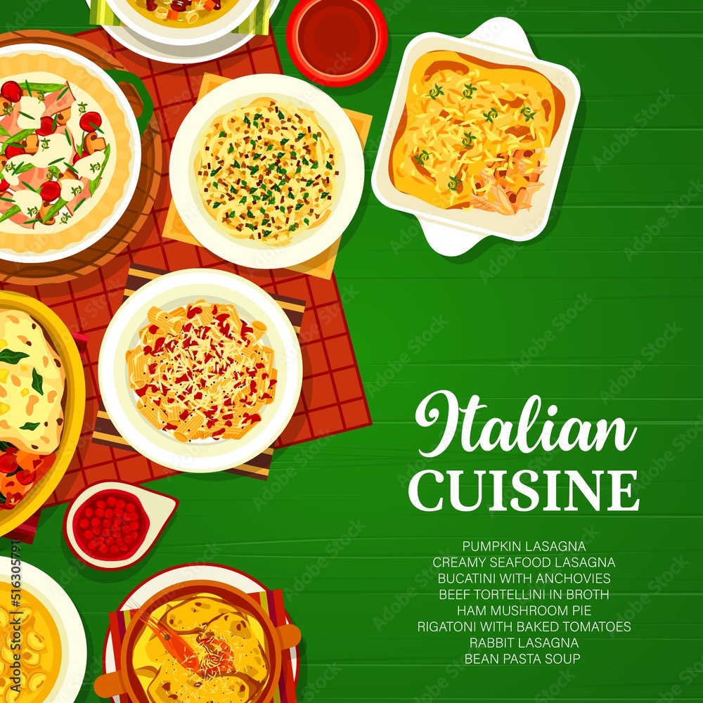 Italian cuisine food menu, Italy restaurant pasta dishes vector poster ...
