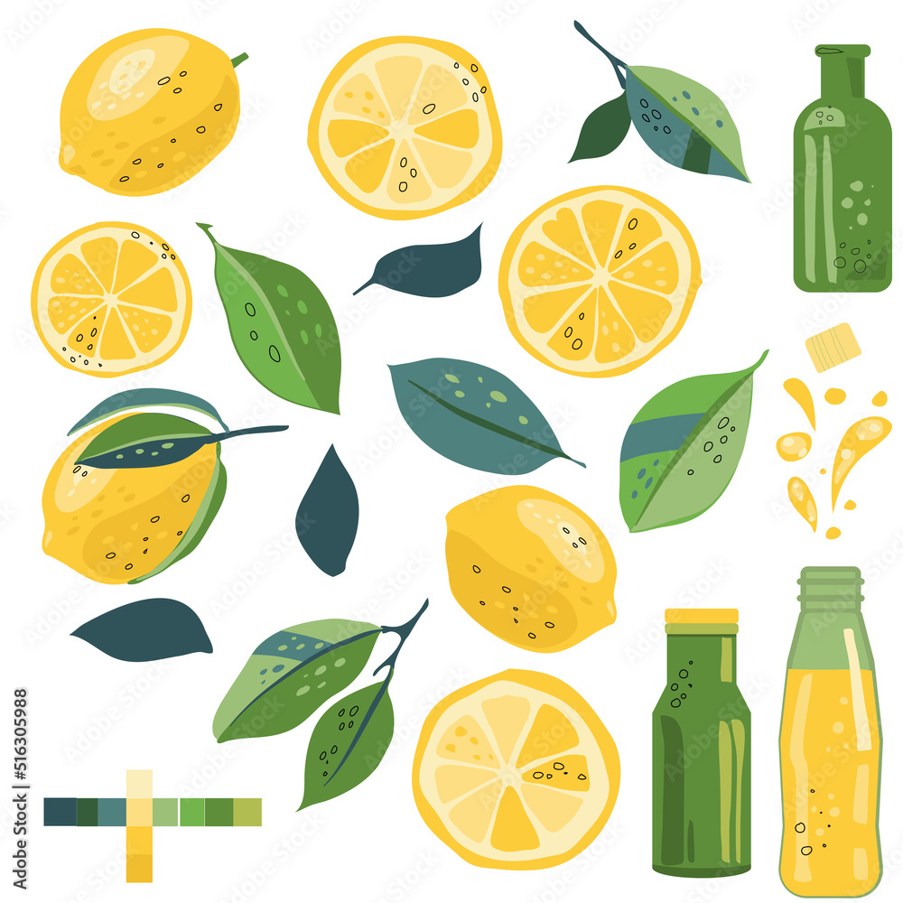 Set with hand drawn lemons, leaves, juice bottles and splashes. Make ...