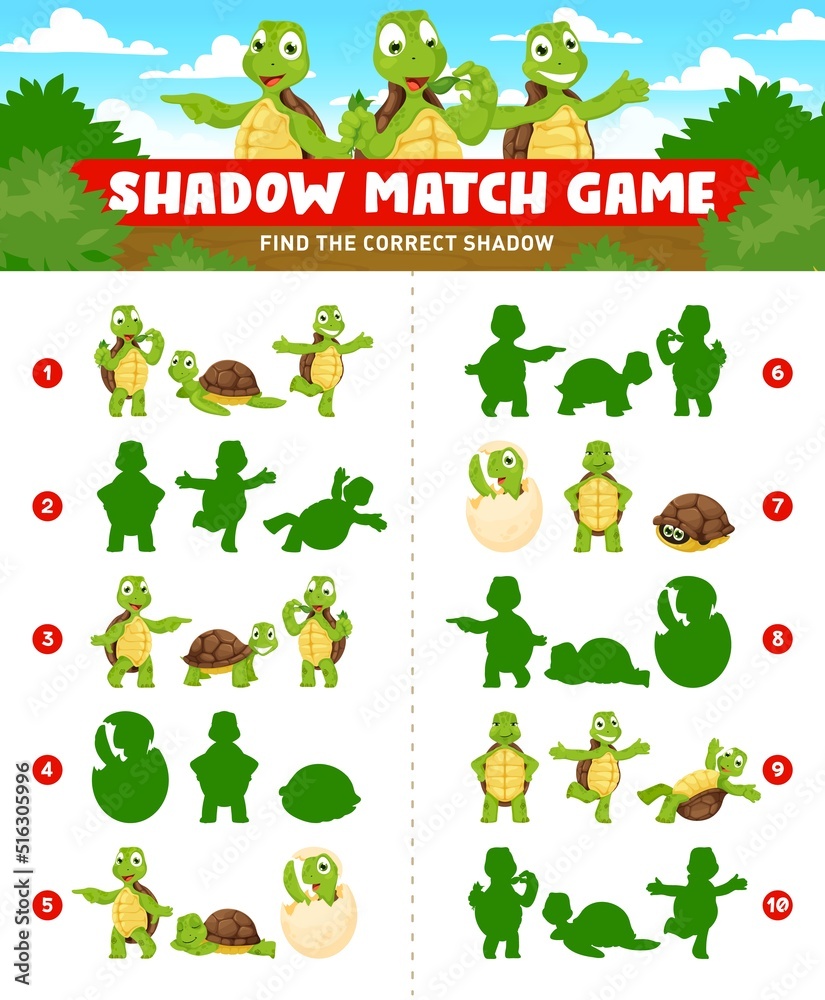 Shadow match game, cartoon turtles and cheerful tortoise animal ...
