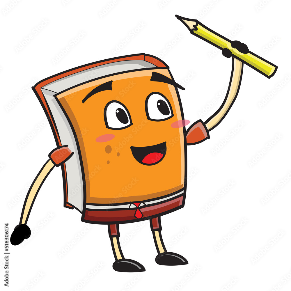 cartoon book with happy eyes and smile holding pencil eager to learn ...