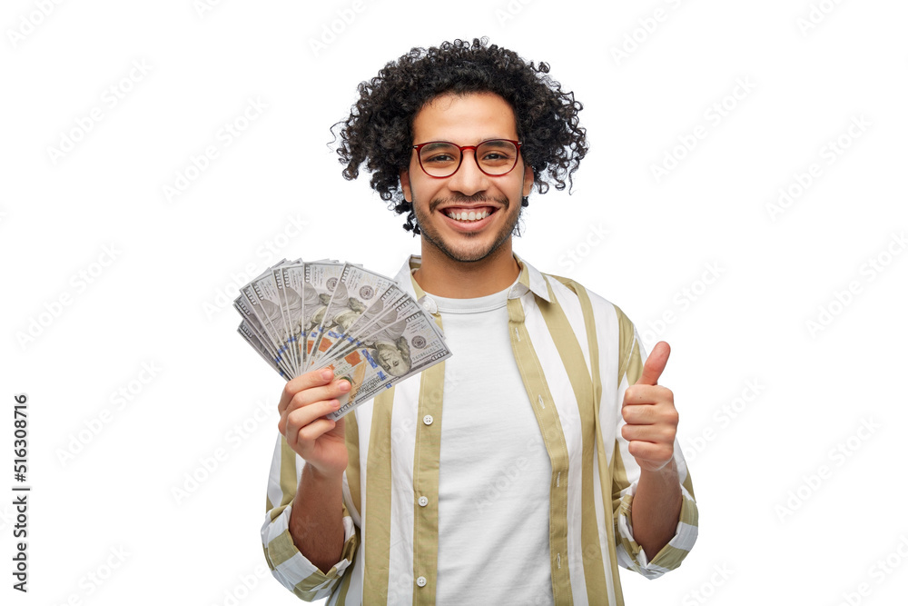 finance, currency and people concept - happy man holding hundreds of ...