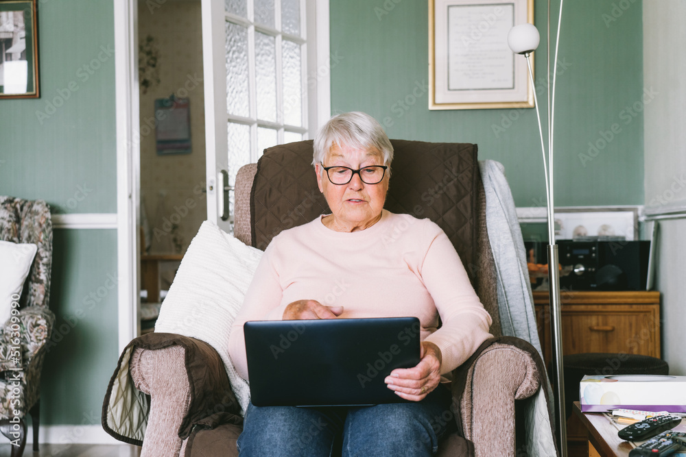 Senior grandmother sitting on armchair, looking at laptop screen. Grey ...