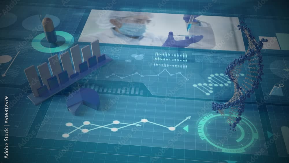 Animated three-dimensional DNA strand and data charts on digital screen ...