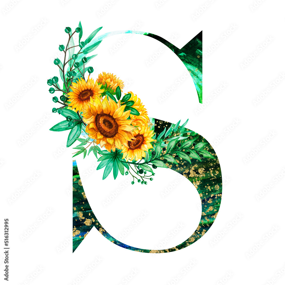 Watercolor English alphabet, emerald letter with floral sunflower ...