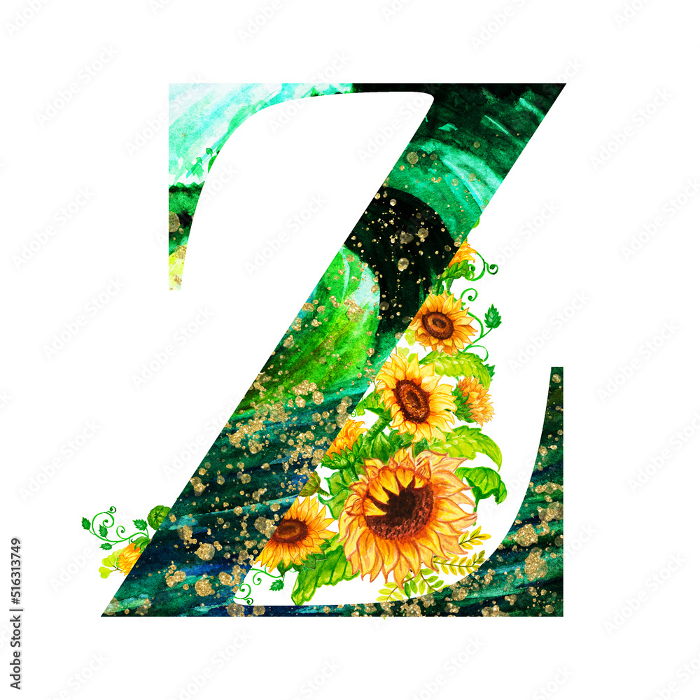 Watercolor English alphabet, emerald letter with floral sunflower ...