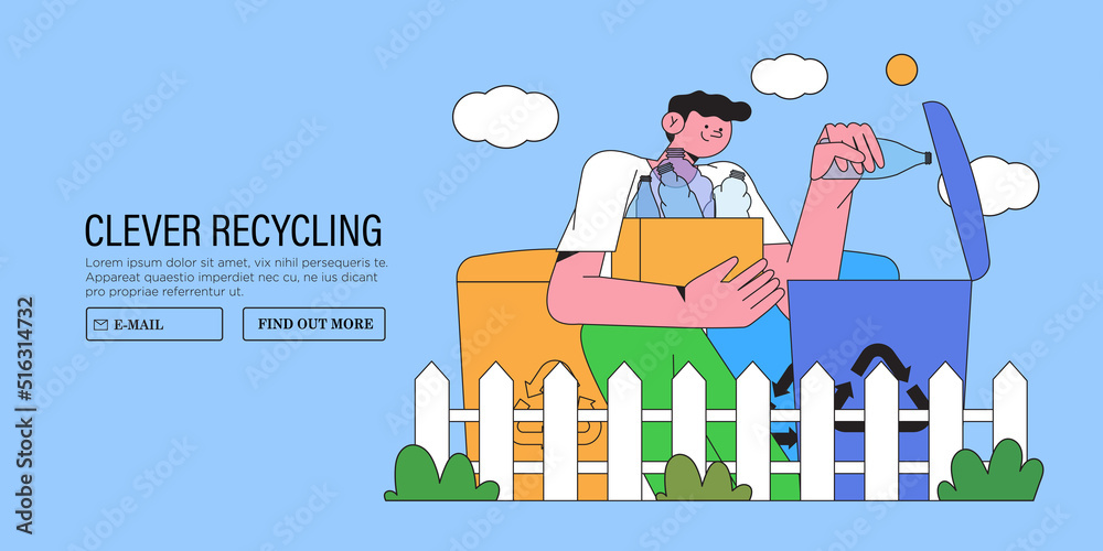 Man put plastic in trash bin, dumpster or container. Character do ...