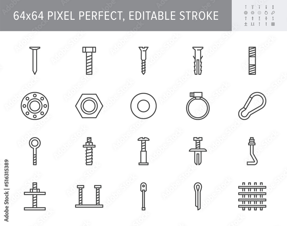 Fasteners line icons. Vector illustration include icon - clamp, plastic ...