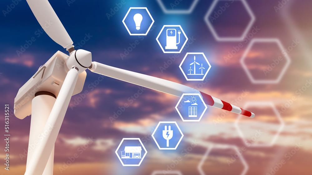 White windmill. Wind power plant. Renewable energy. Wind power ...