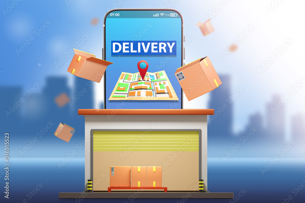 Delivery technologies. Small storage room. Logistic warehouse. Pickup ...