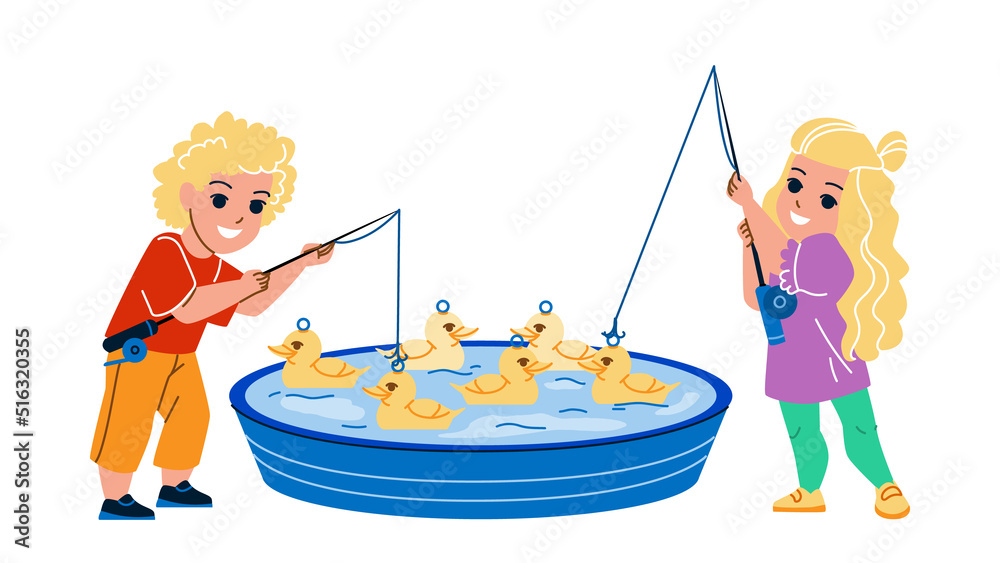 Duck Fishing Little Boy And Girl In Pool Vector. Preschooler Children ...