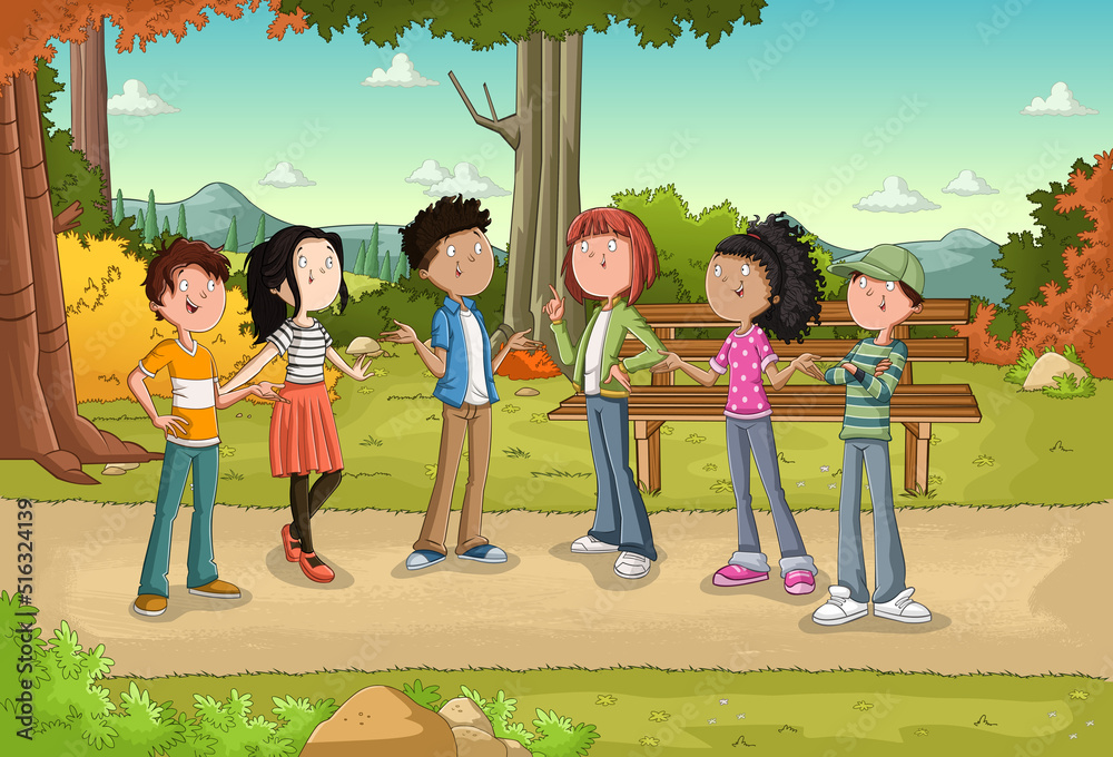 Group of cartoon teenagers in a park with grass and trees. Nature ...