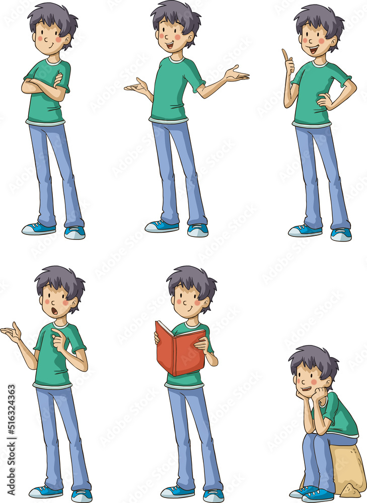 Happy cartoon boy in different activities. Mascot boy with different ...