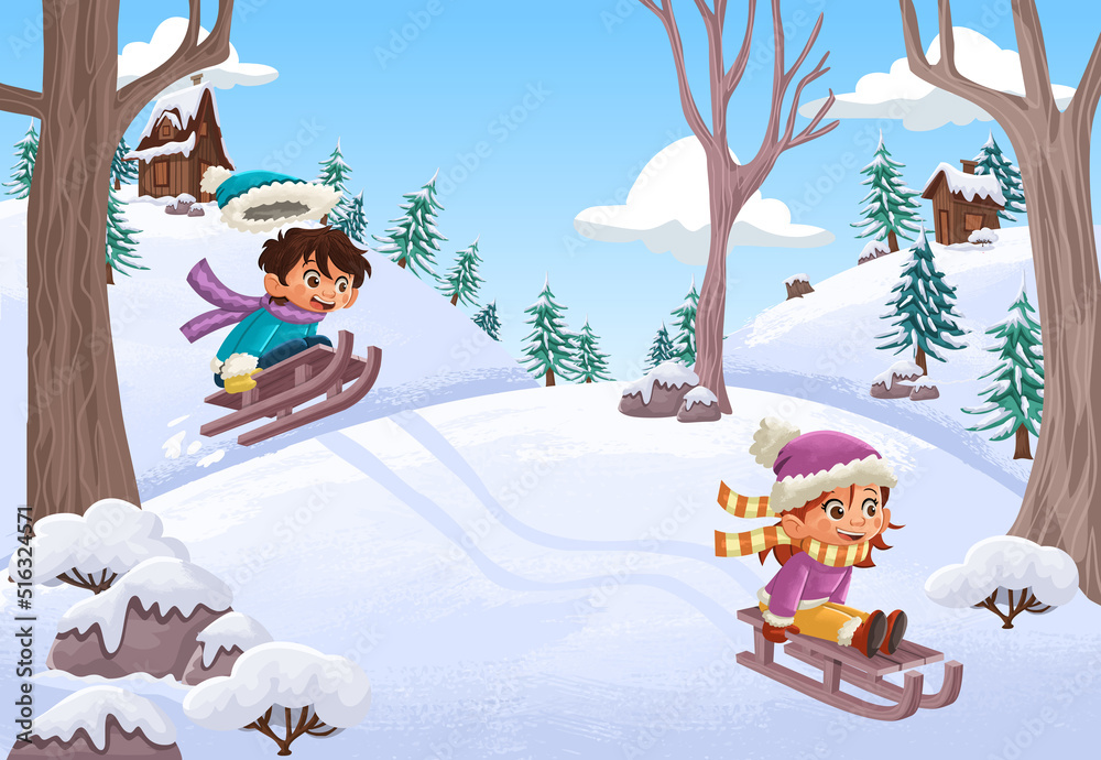 Cartoon children sledding in the park with snow. Kids on sleigh. Winter ...