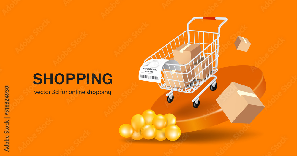 Place receipt paper on the edge of a shopping cart with multiple parcel ...