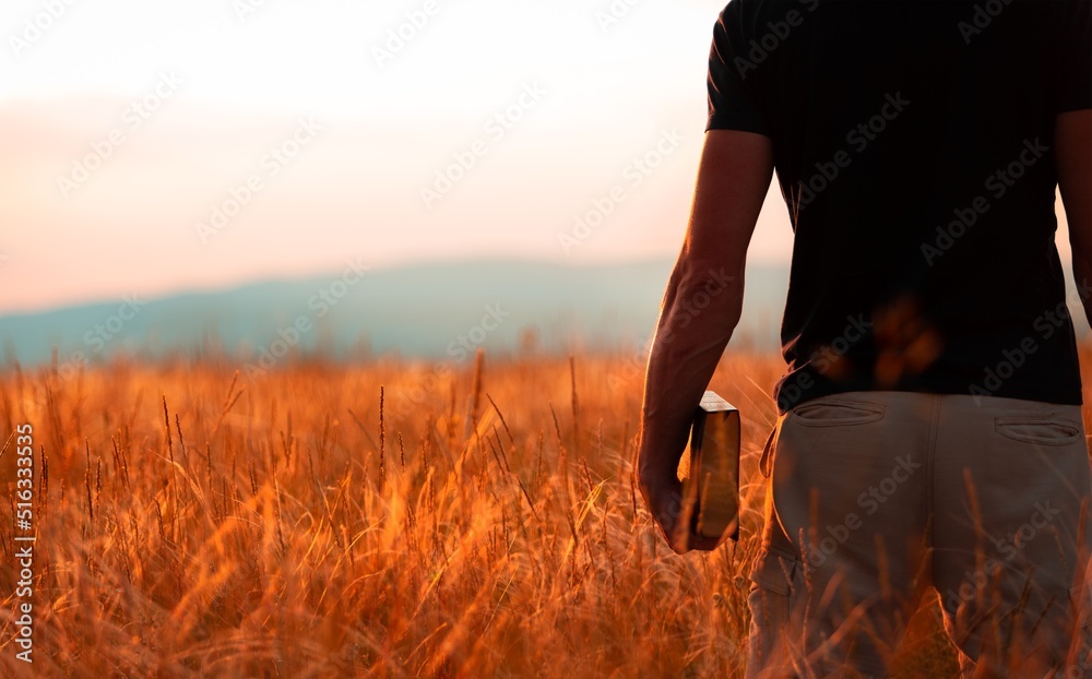 Human praying on the holy bible in a field during beautiful sunset ...