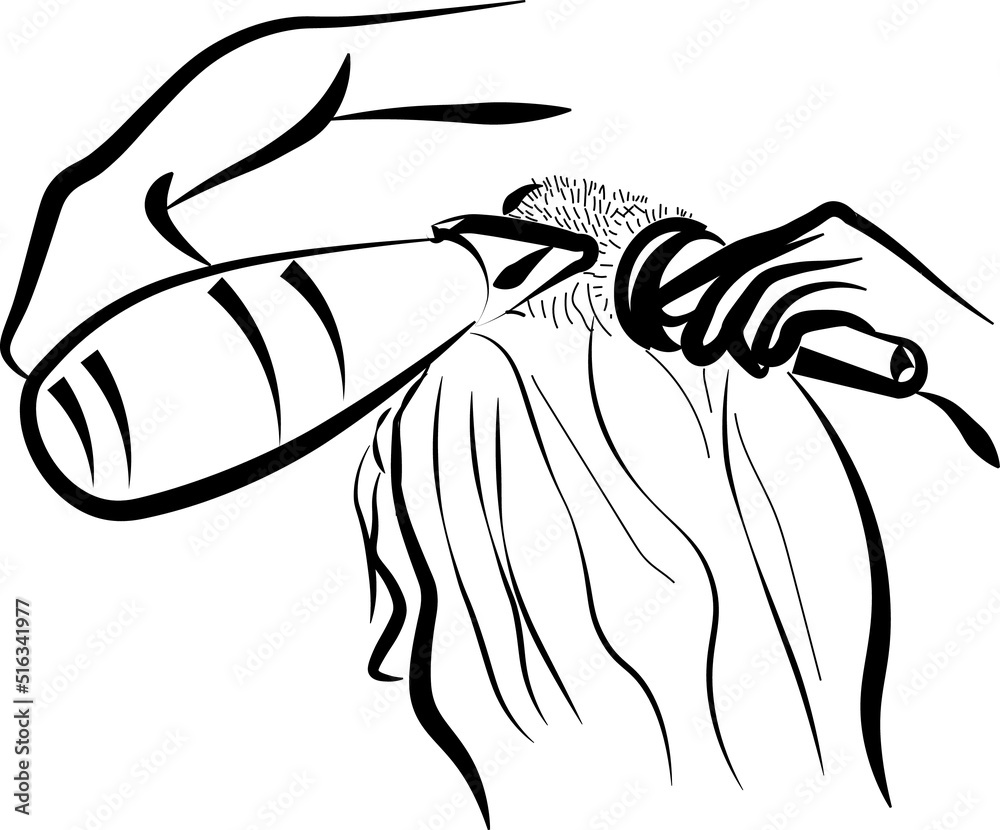 Drying long brown hair with a blow dryer and a round brush. closeup ...