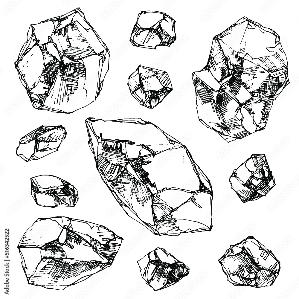 Graphic hand drawn sketch of crystal stones - line art on white ...