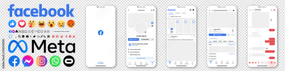 Facebook mockup set. Facebook mobile App interface template on ...