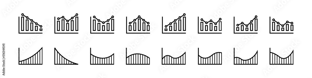 Graph. Growing graph flat linear icon set. Growing bar graph icon ...