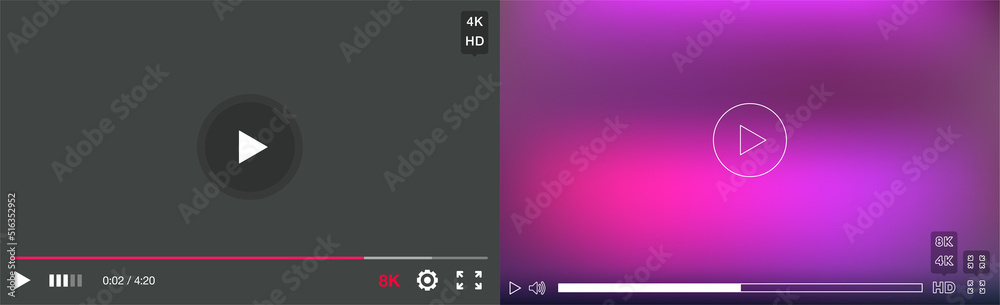 Video Player Window with Menu and Buttons Panel Vector Set. User ...