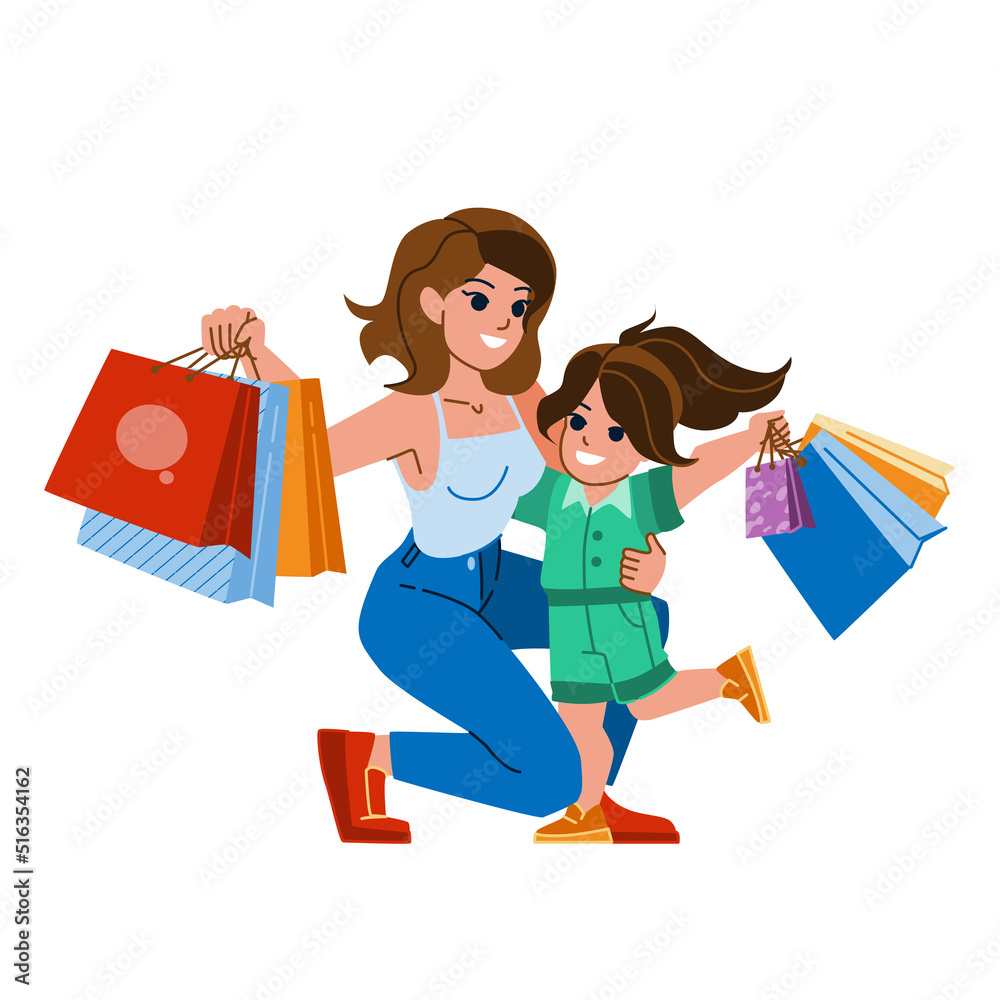 mother daughter shopping vector. family happy girl, woman mall, mom ...