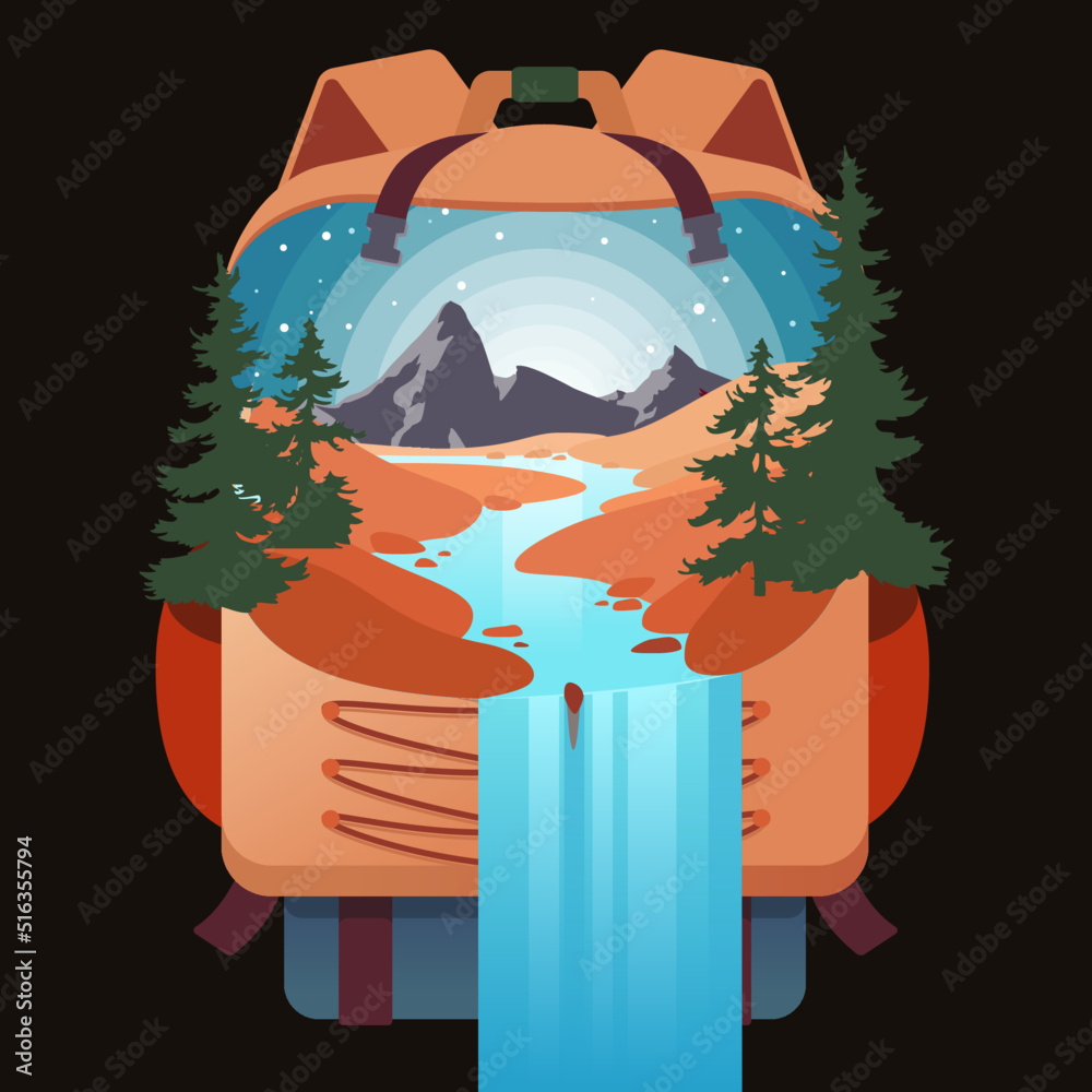 Travel backpack illustration with nature inside. Beautiful landscape of ...