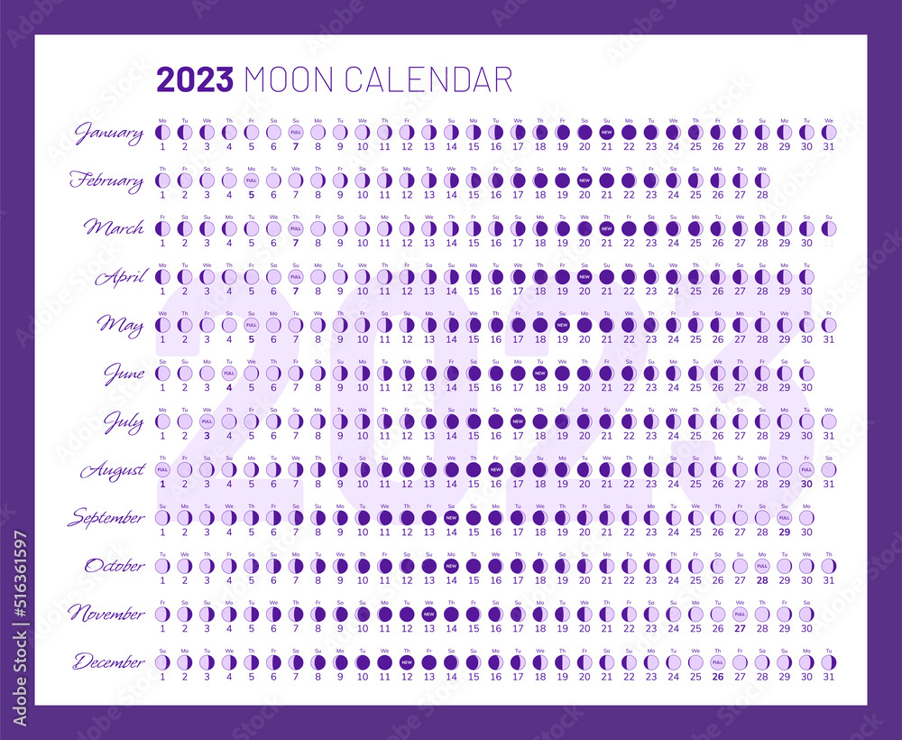 Moon lunar 2023 year calendar monthly cycle planner design. Monthly ...