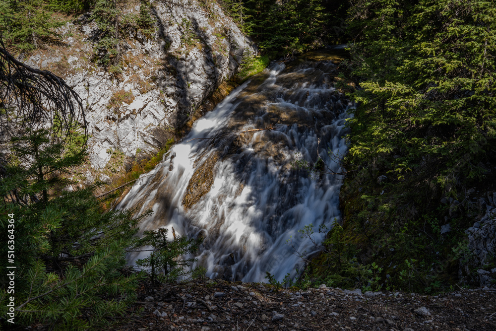 Deep in the forrest a Waterfall cascades down the cliff side. This ...