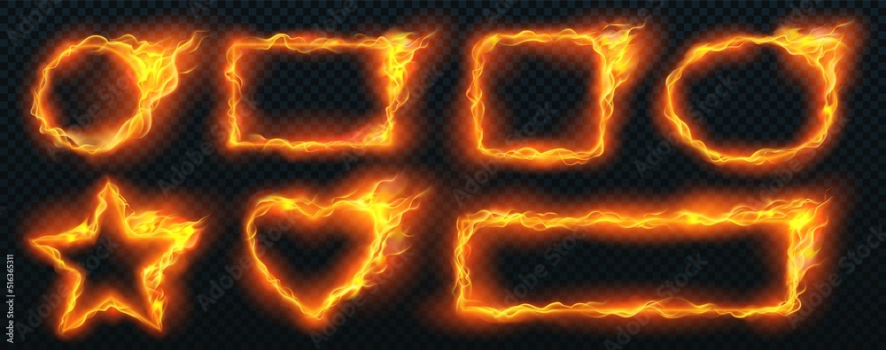 Set of fire flames elements on transparent background, vector 3d Fire ...