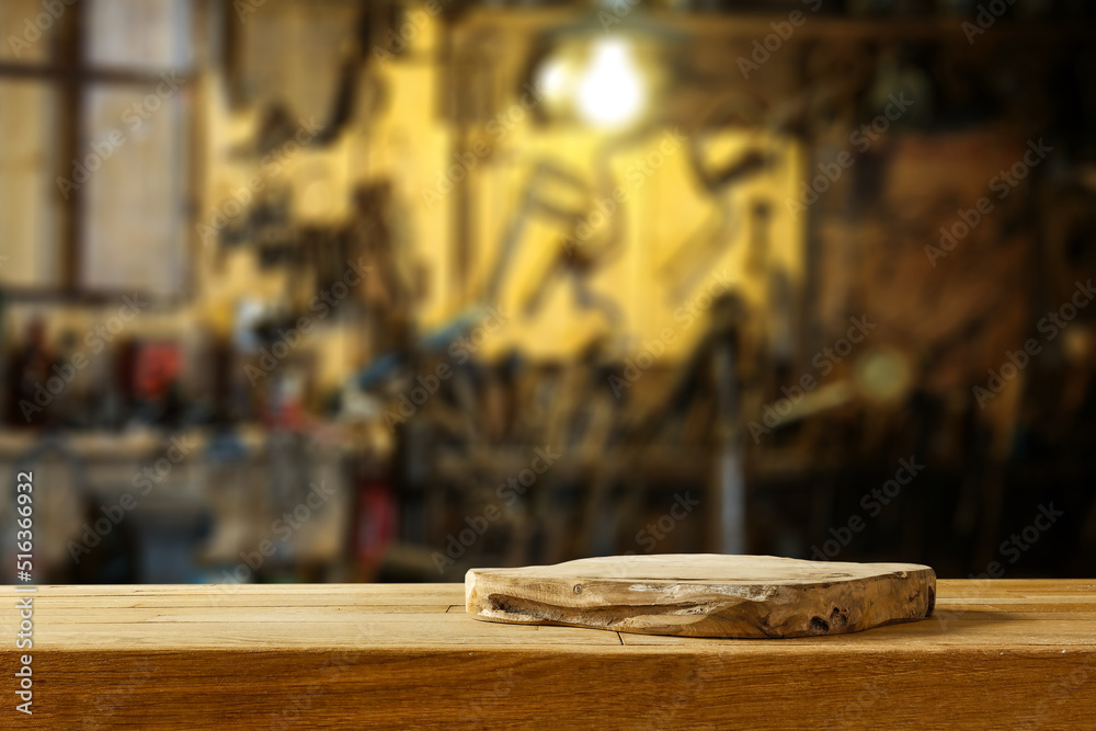 Table background with pedestal and workshop interior. Stock Photo ...