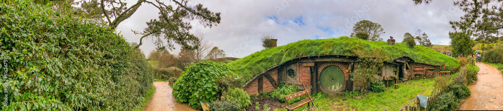 Hobbiton, New Zealand - August 29, 2018: Panoramic aerial view of ...