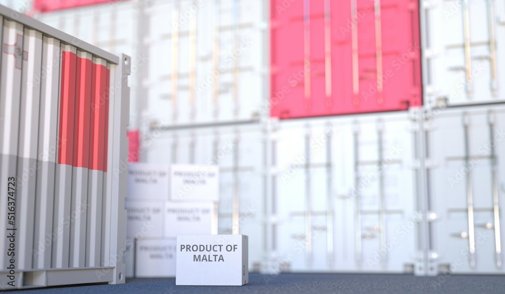 Box with PRODUCT OF MALTA text and cargo containers. 3D rendering Stock ...
