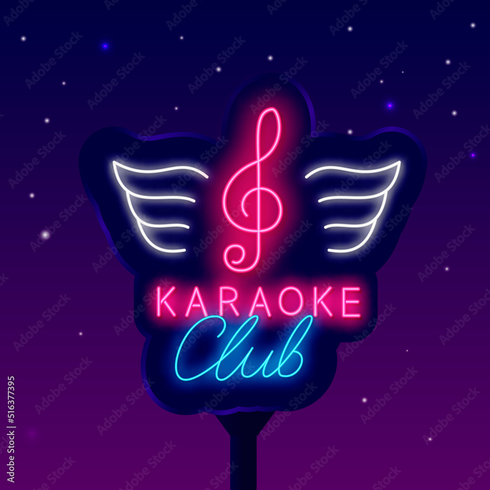 Karaoke club neon signboard. Treble clef with wings emblem. Night ...