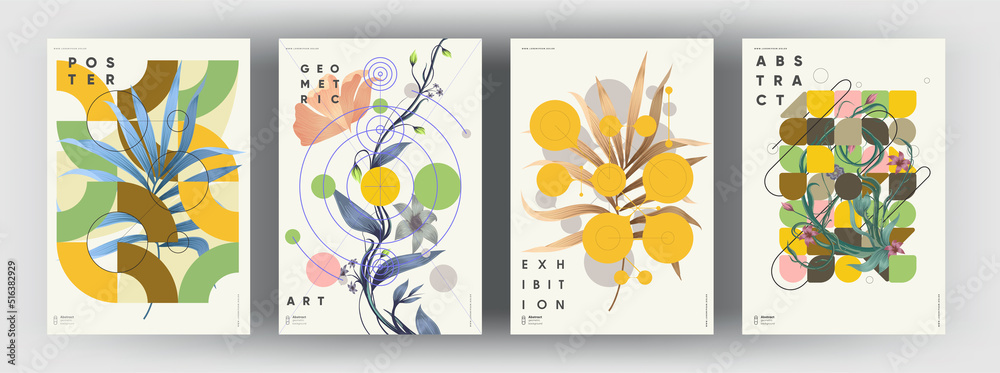 Abstract posters. Botanical banner with geometric shapes, leaves ...