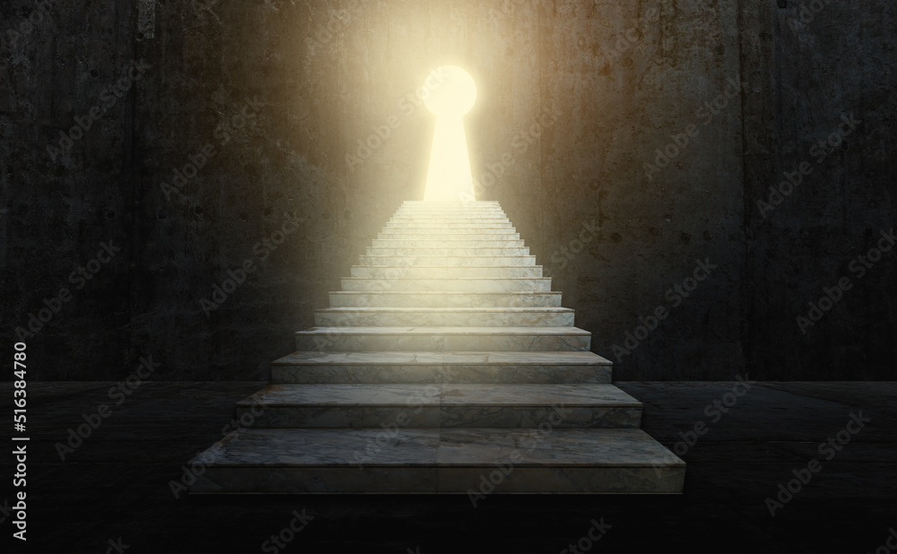 Ladder leading to success behind the keyhole door in the dark room ...