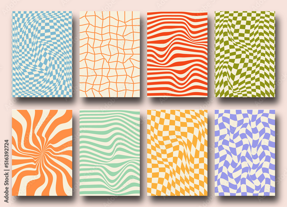 Vector set of Groovy hippie 70s backgrounds. Checkerboard, chessboard, mesh, waves patterns ...
