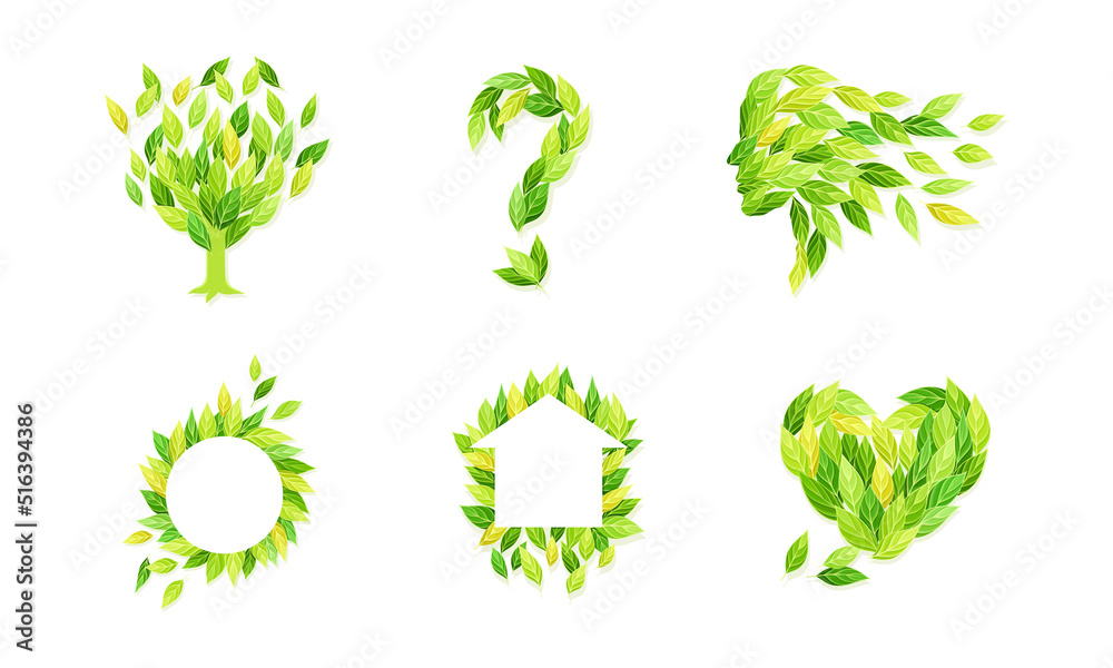 Symbols made of green leaves set. Heart, question mark, heart signs ...