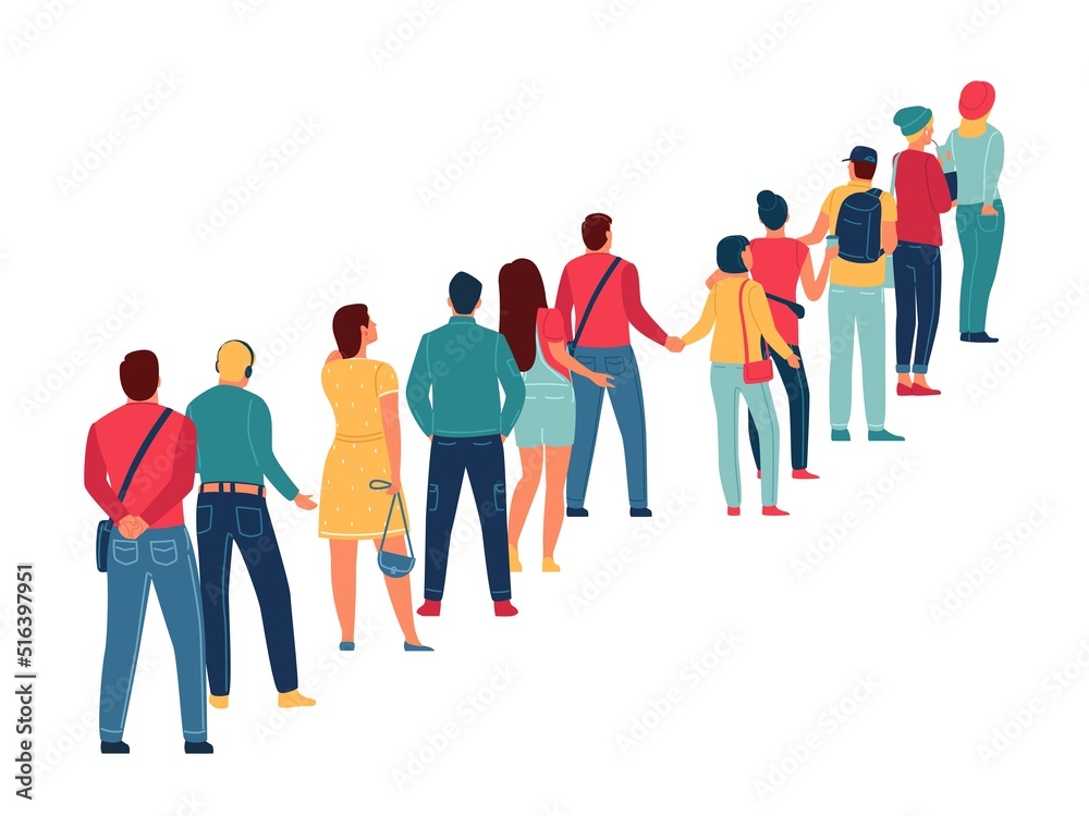 People queue. Waiting line back view. Men or women standing in row ...