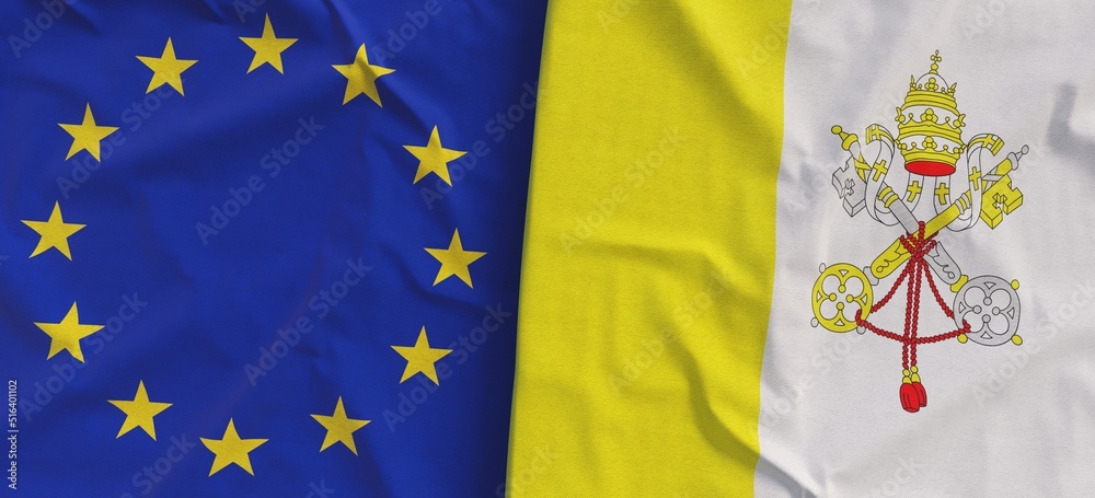 EU and Vatican flags. Linen flags close-up. Flag made of canvas. Flag ...