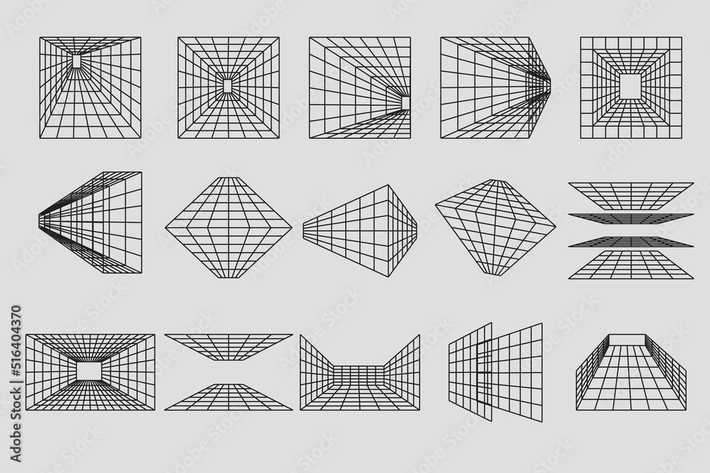 Wireframe geometric shapes in different phormes. Abstract 3d grid design. Universal trendy ...
