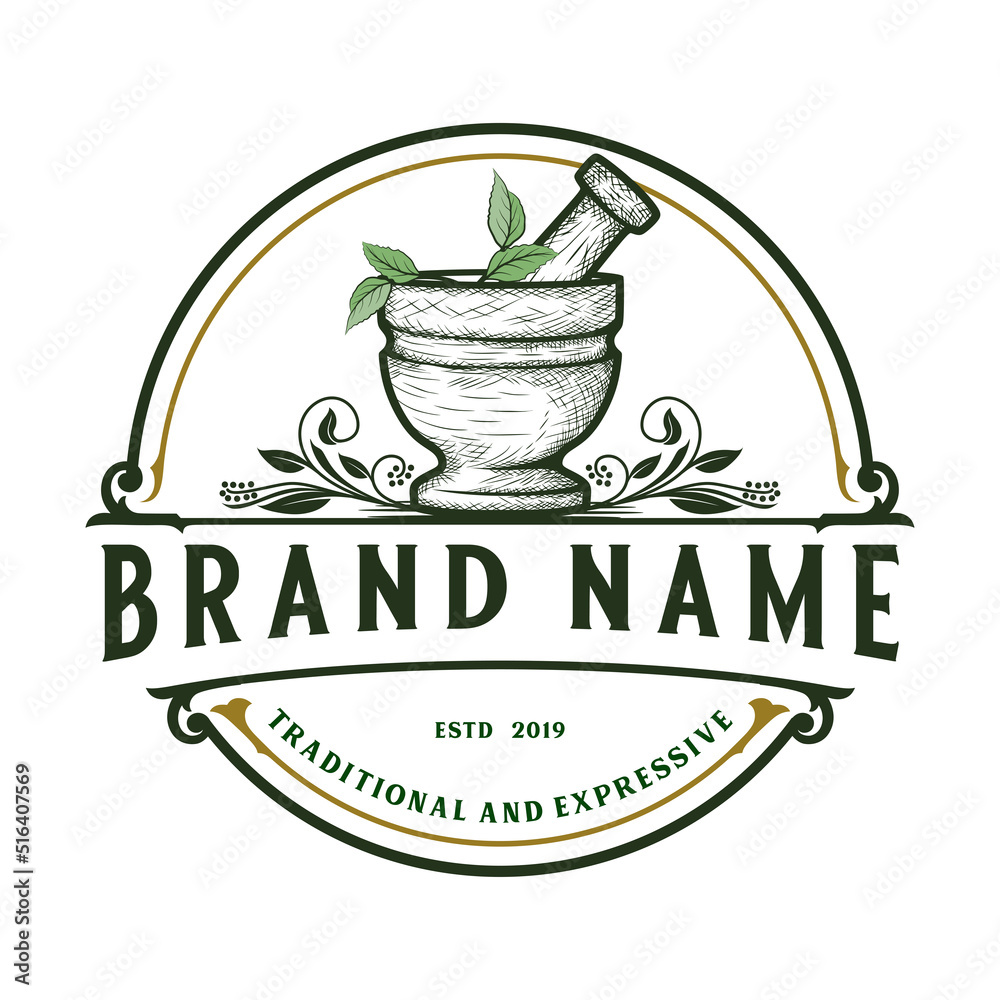 Apothecary vintage logo with a mortar and pestle theme in an emblem ...
