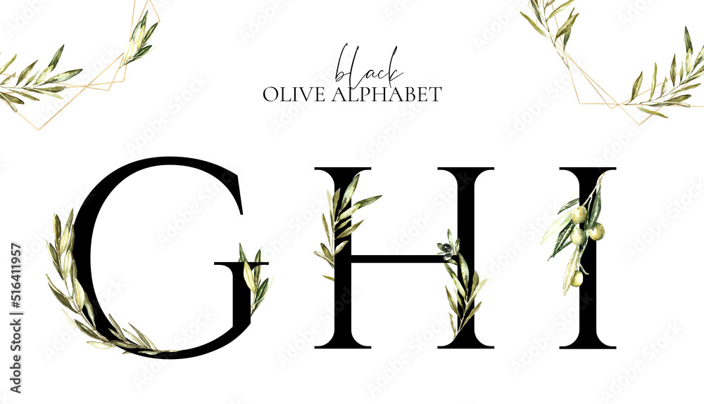 Watercolor Black Olive Floral Alphabet letters G,H,I with leaves ...