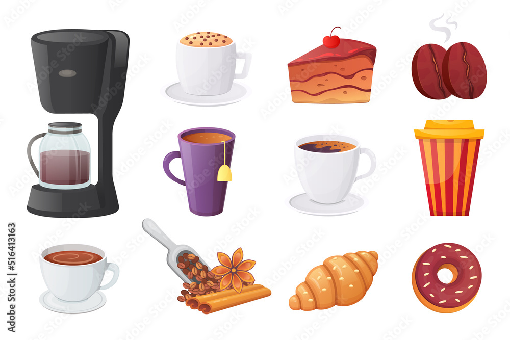 Cafe dessert and resttaurant menu sweet food vector set. Cartoon coffee ...
