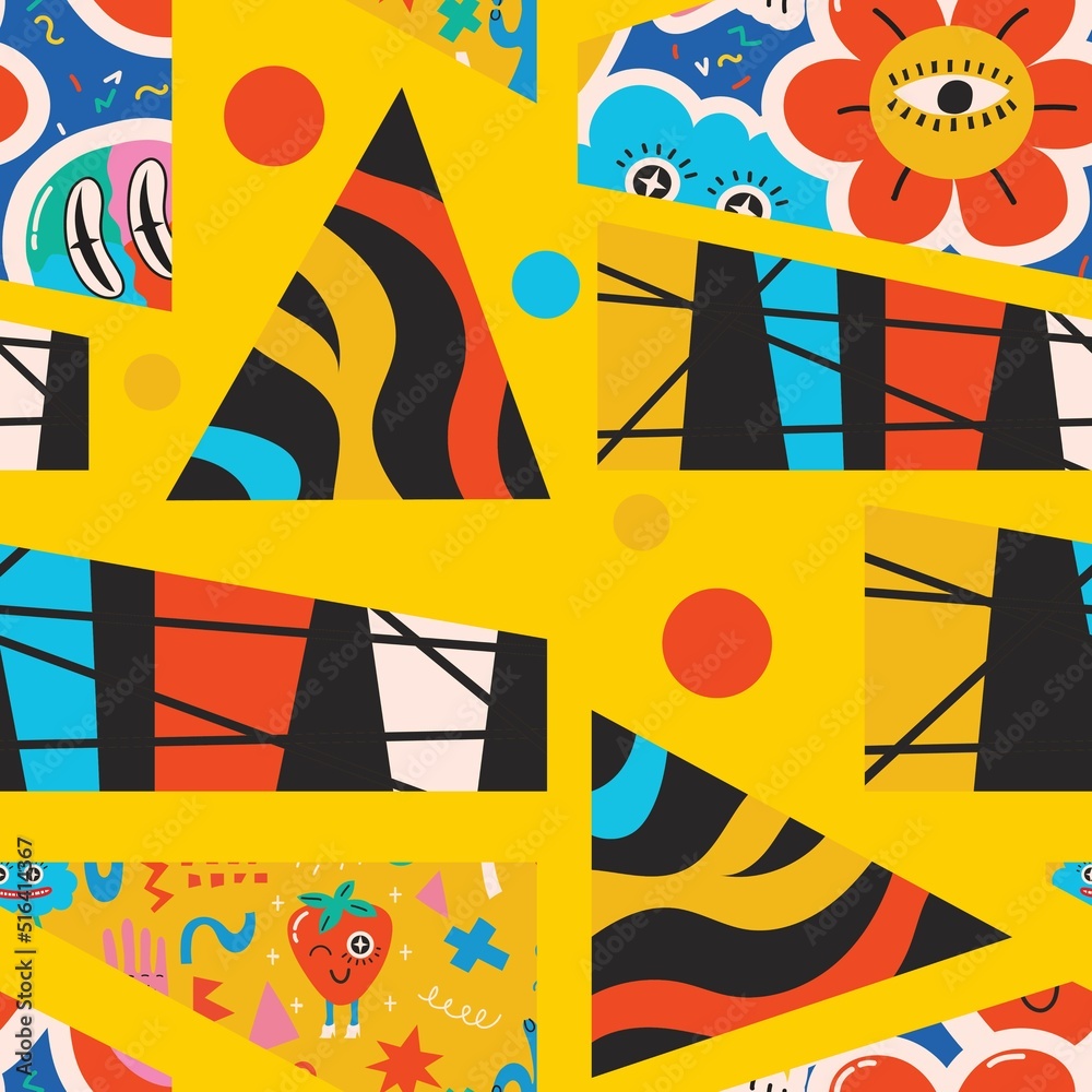 Seamless pattern with crazy comic faces and colorful geometric shapes ...