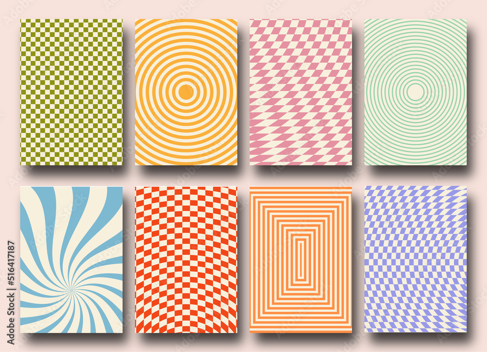 Vector set of Groovy hippie 70s backgrounds. Checkerboard, chessboard, mesh, waves patterns ...